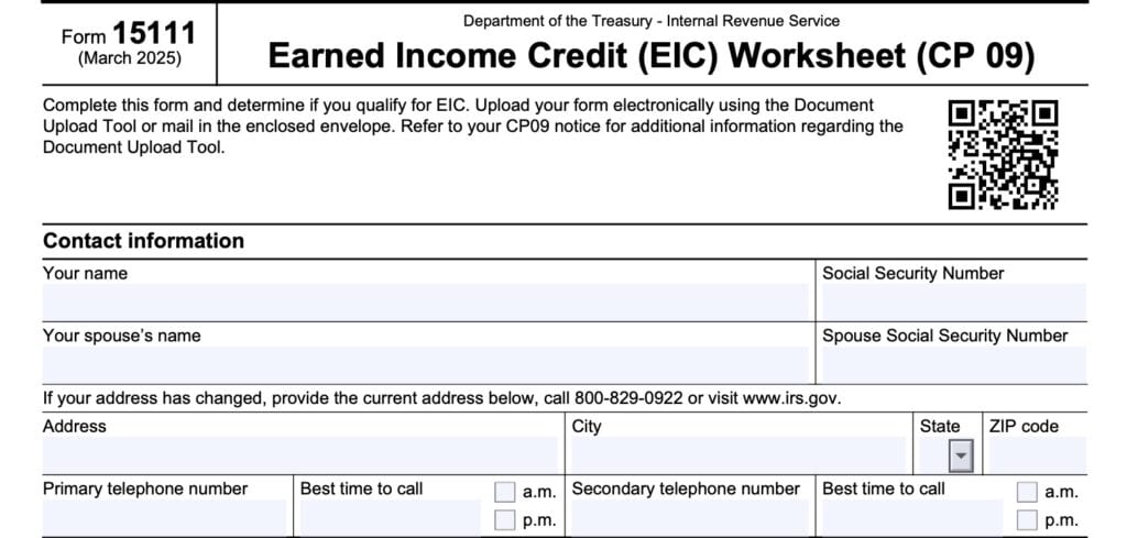 IRS Form 15111 Instructions- Earned Income Credit Worksheet