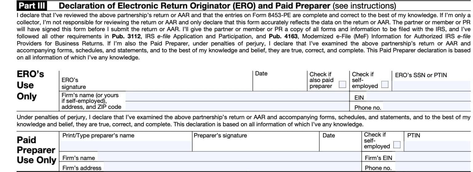 IRS Form 8453-PE Instructions