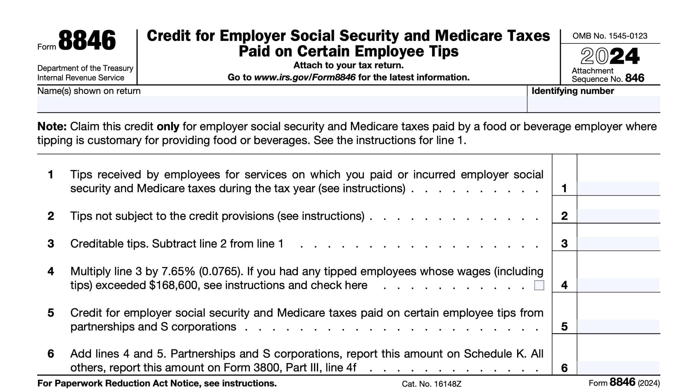 IRS Form 8846 Instructions: Credit for Employer Taxes Paid on Tips