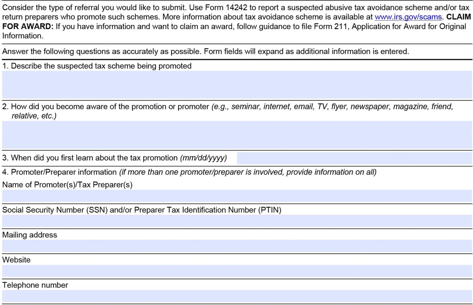 IRS Form 14242 Instructions - Reporting Abusive Tax Promotions
