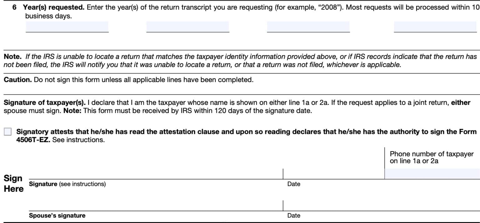 IRS Form 4506-T-EZ Instructions