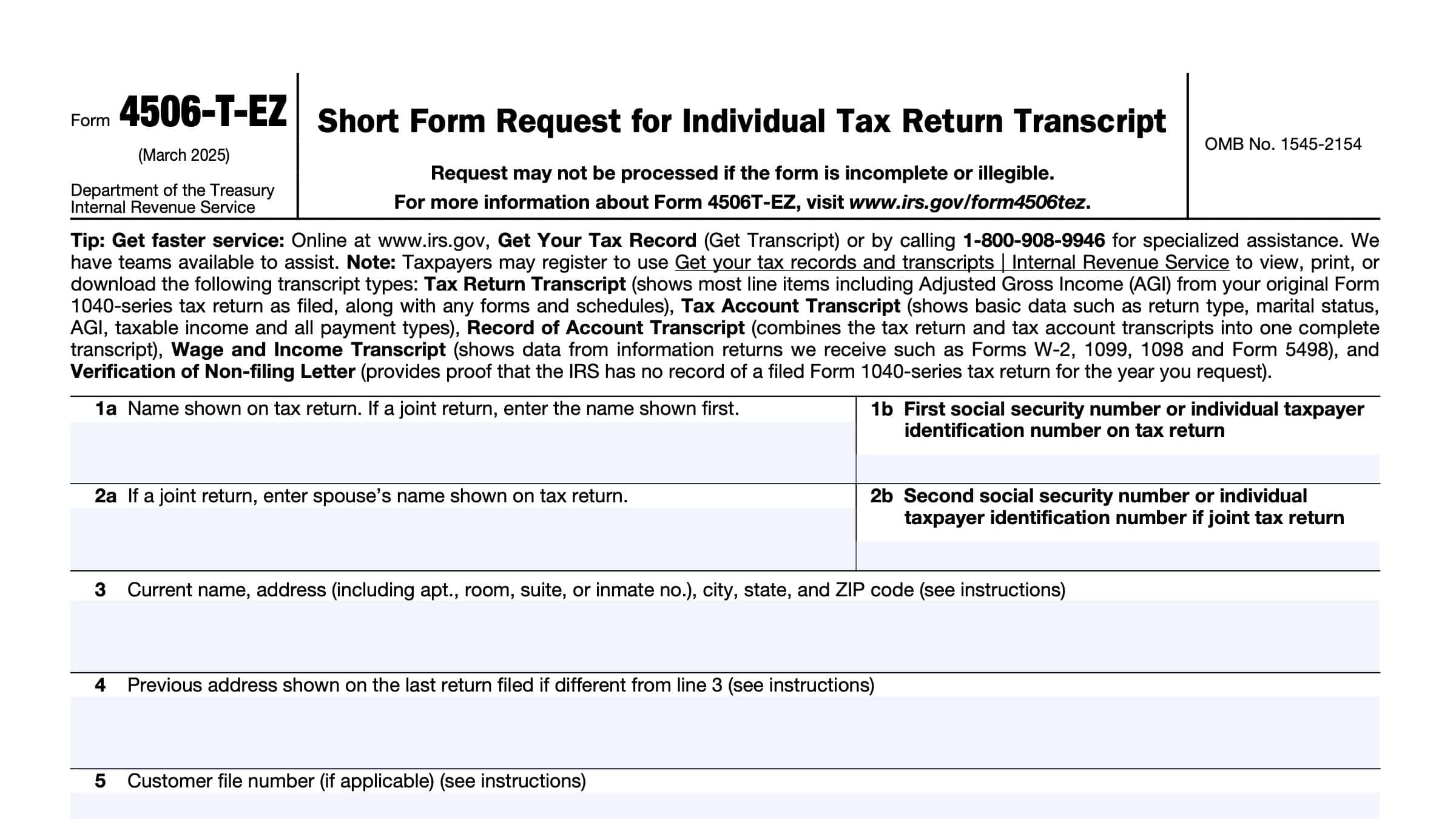 IRS Form 4506-T-EZ Instructions