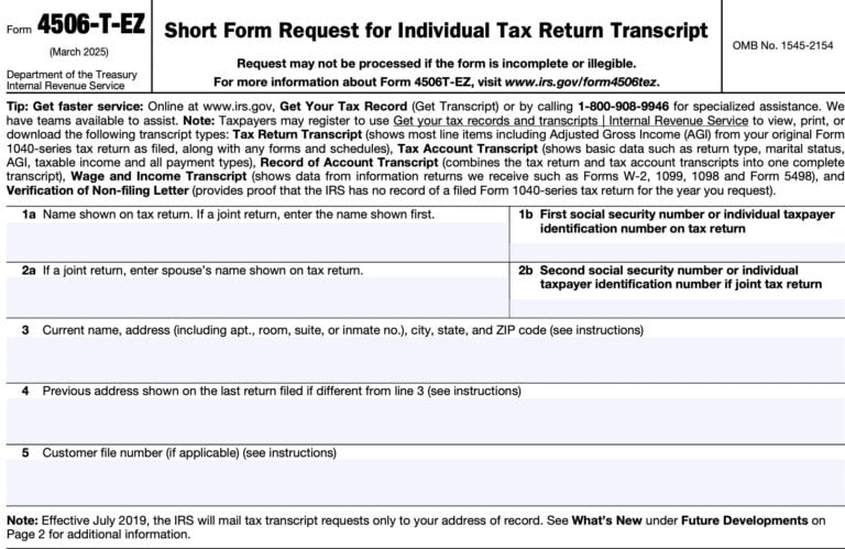IRS Form 4506-T-EZ Instructions