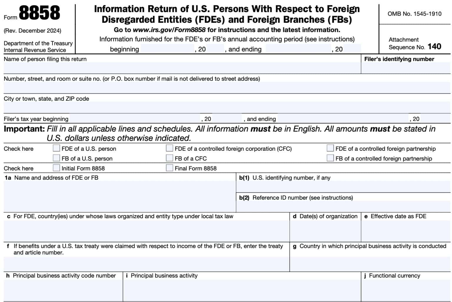 IRS Form 8858 Instructions - Information Return for FDEs & FBs