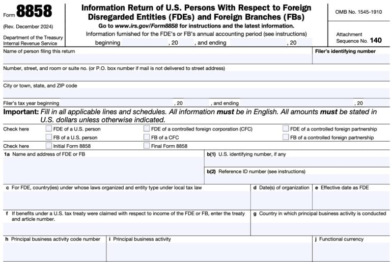 IRS Form 8858 Instructions - Information Return for FDEs & FBs