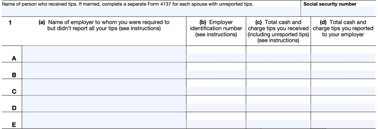 IRS Form 4137 Instructions - Unreported Tip Income