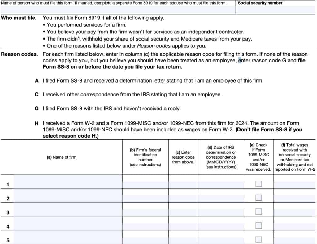 IRS Form 8919 Instructions - Social Security & Medicare Taxes