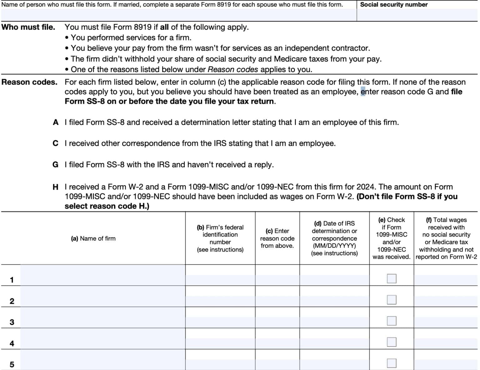 IRS Form 8919 Instructions - Social Security & Medicare Taxes