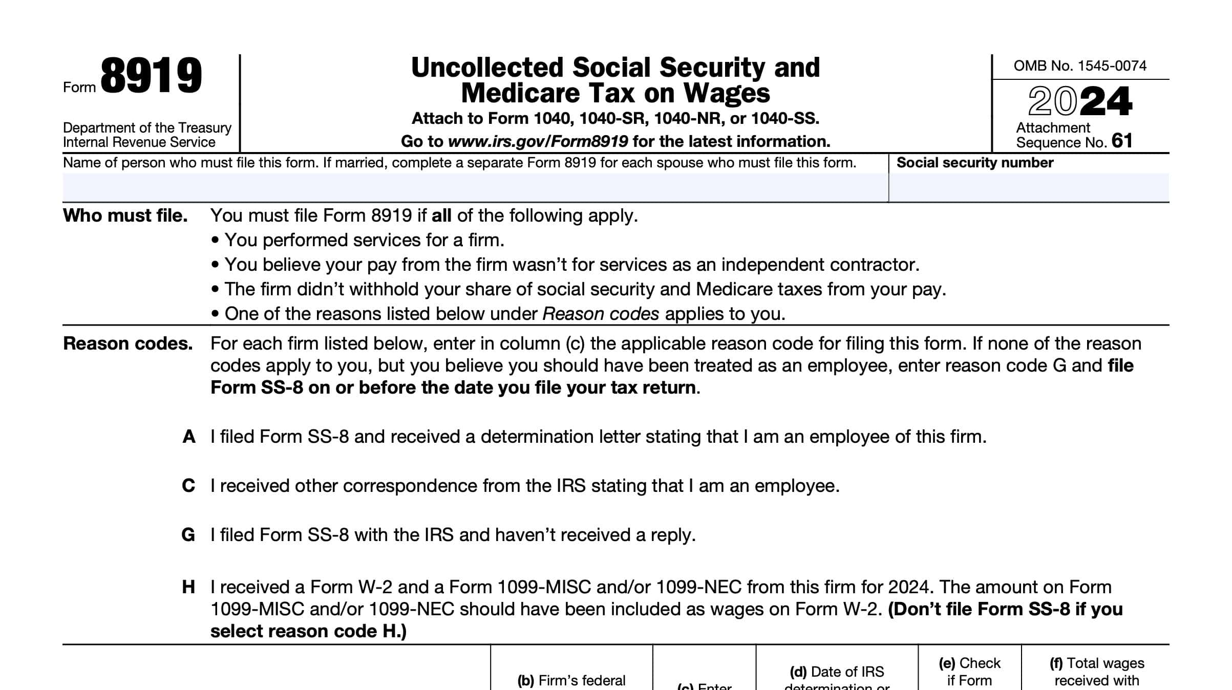 IRS Form 8919 Instructions - Social Security & Medicare Taxes