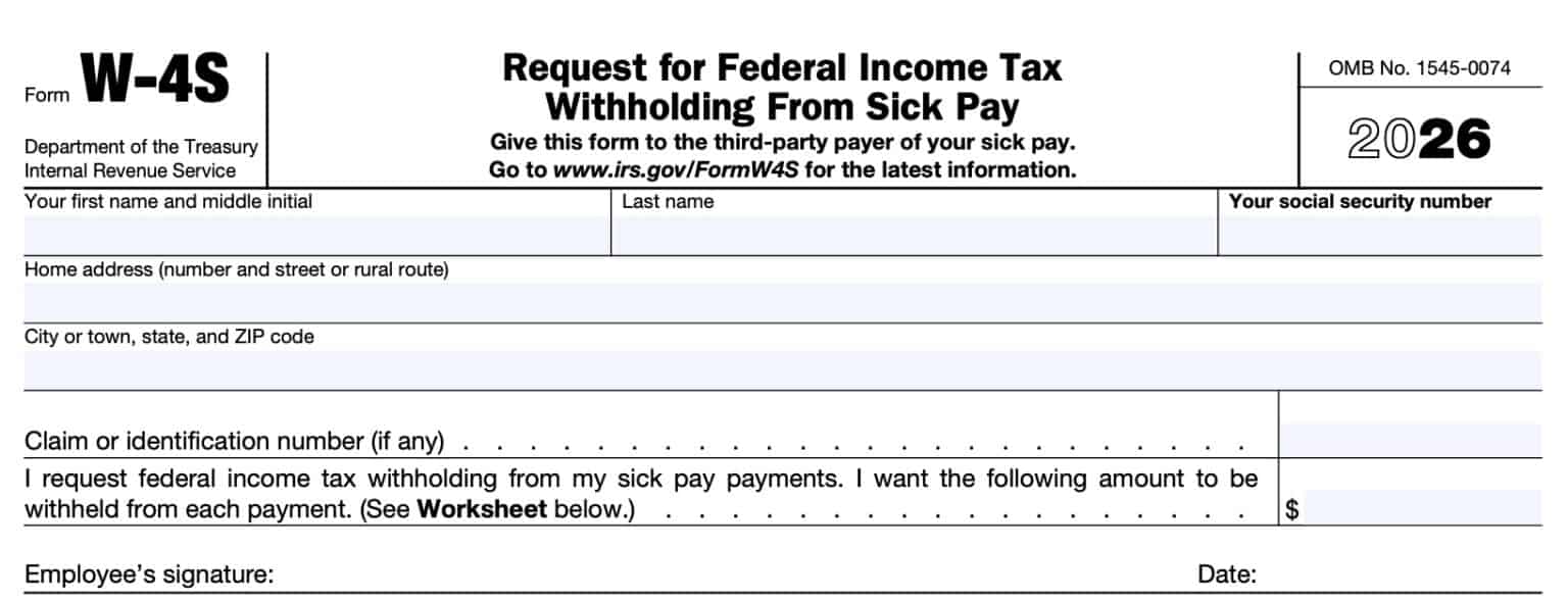 IRS Form W-4S Instructions - Withholding Taxes From Sick Pay
