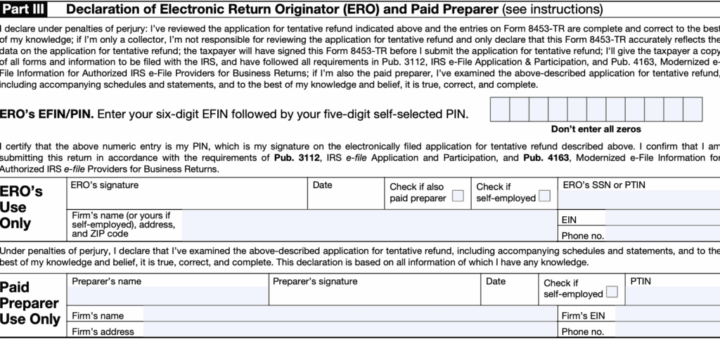 IRS Form 8453-TR Instructions - Efile Declaration for NOL Forms